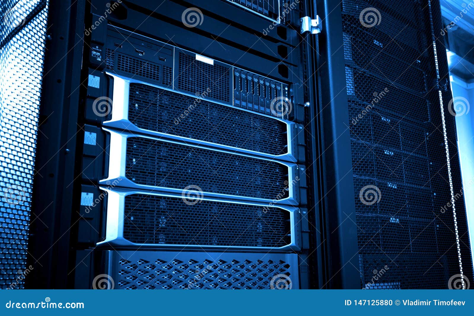 Close Up Cloud Storage System Panel Modern with Hard Drives Blue Ton ...