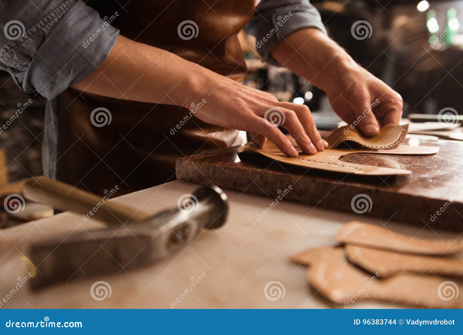 Close Up of a Cobbler Working with Leather Stock Photo - Image of ...