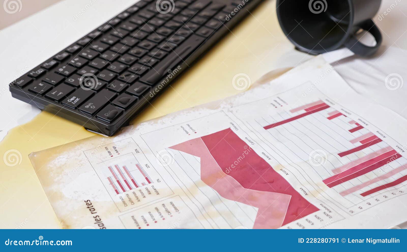 Close-up of Coffee-soaked Keyboard and Paper Documents with Upside-down ...