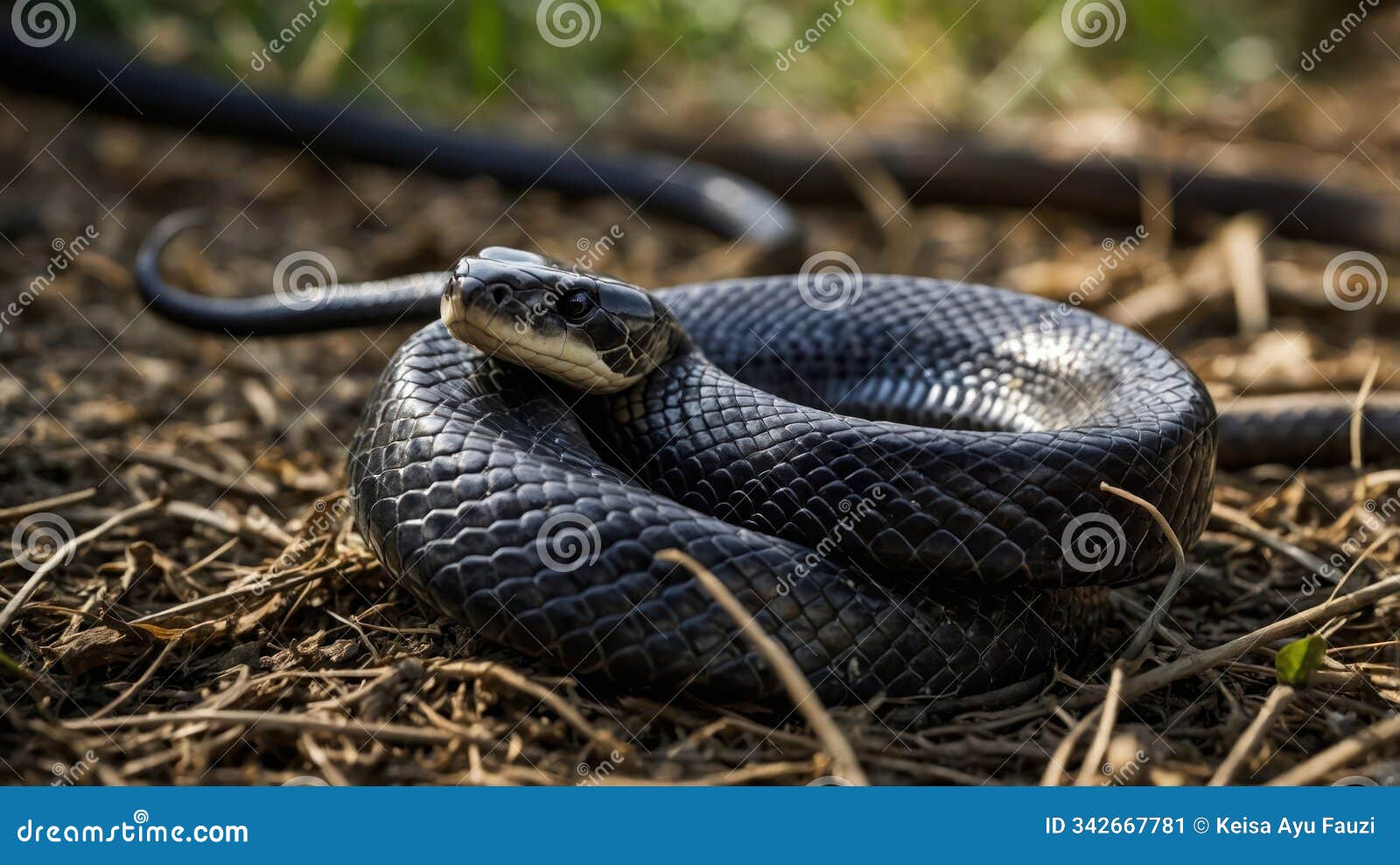 A Close-up of a Coiled Black Snake Resting on the Ground among Dry ...