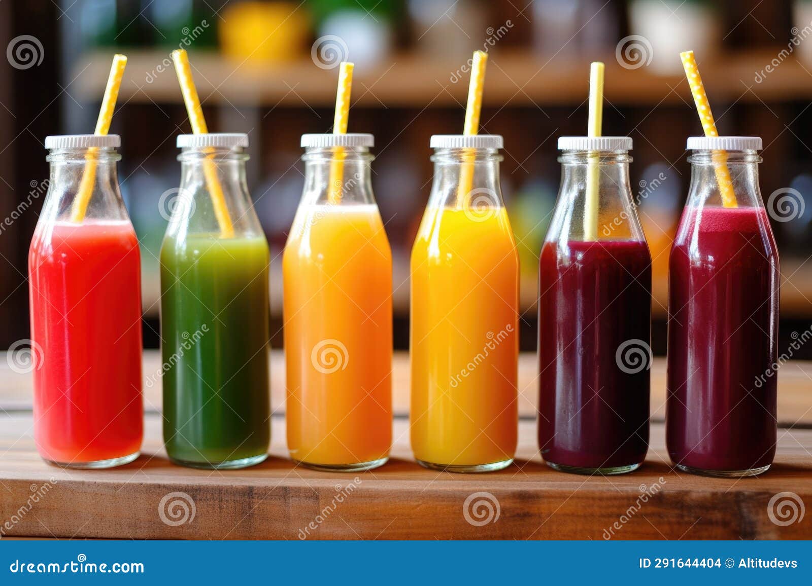Close-up of Cold Pressed Juice Bottles with Straws Stock Photo - Image ...
