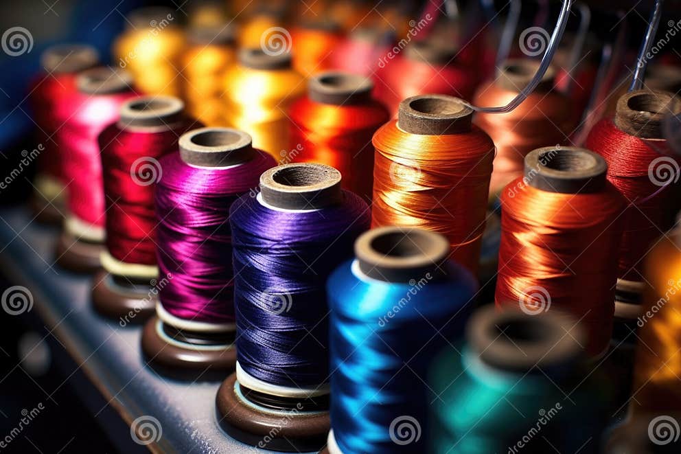 Close-up of Colorful Thread Spools on Sewing Machine Stock Photo ...