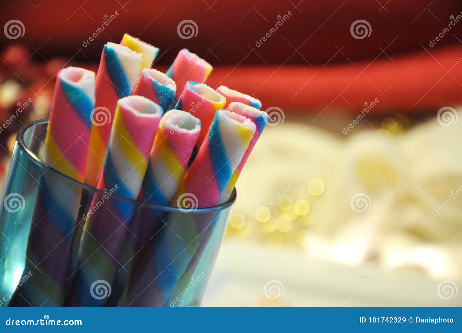 Close Up Colorful Wafer in Blue Cup Stock Image - Image of pink ...