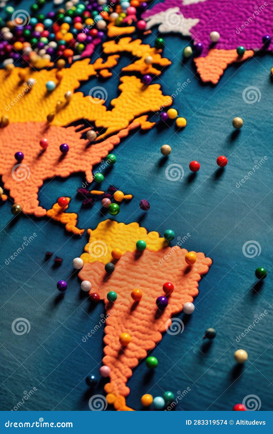Close-up of a Colorful World Map with Push Pins Stock Illustration ...