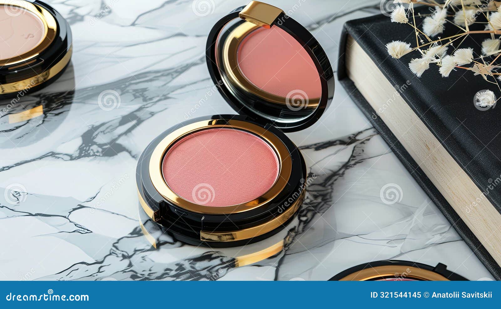 Close-up of Compact Powder and Blush Containers on a Marble Surface ...