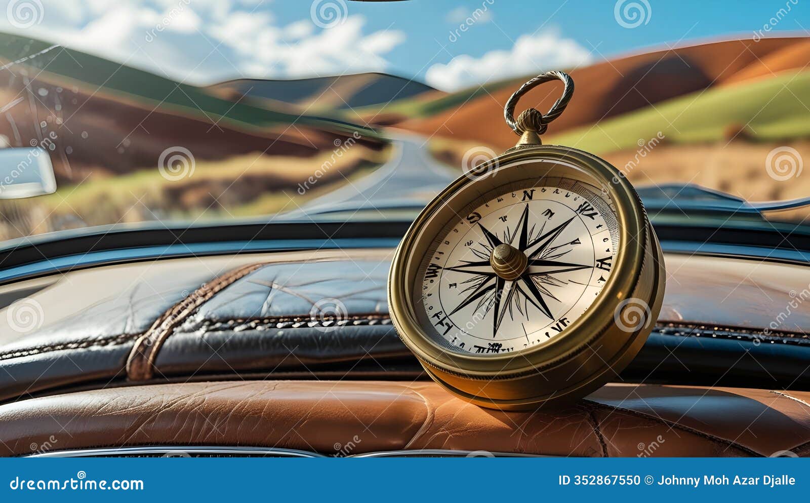 A Compass on a Car Dashboard with a Panoramic View of Rolling Hills ...