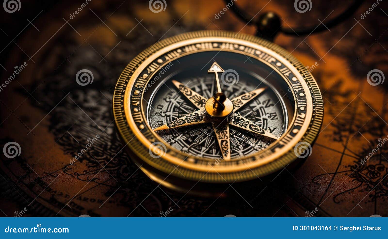 A Close Up of a Compass on Top of an Old Map, AI Stock Illustration ...