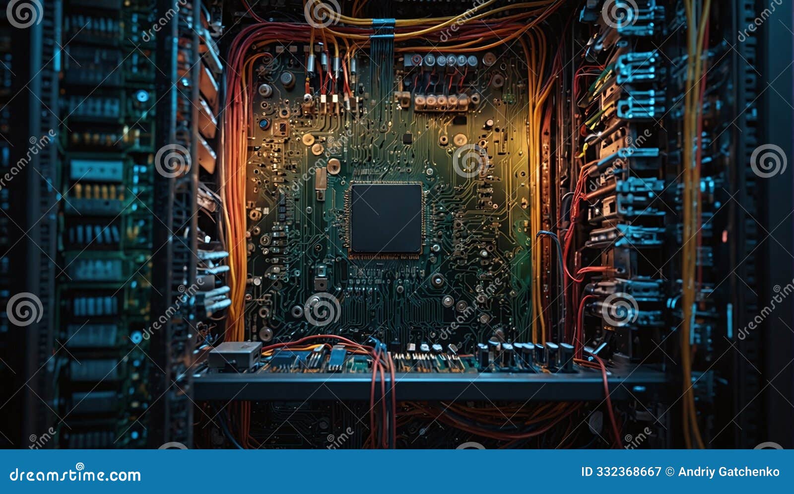 Close-up of a Complex Computer Motherboard with Circuits, Wires, and ...