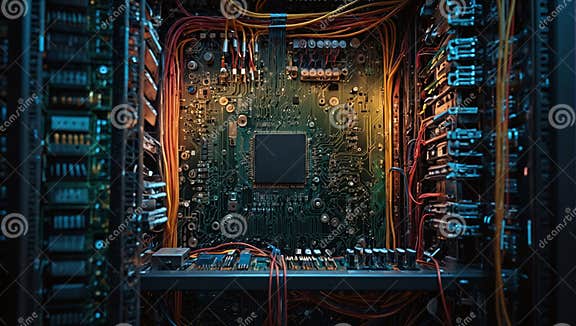 Close-up of a Complex Computer Motherboard with Circuits, Wires, and ...