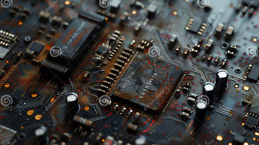 Close-up of Complex Electronic Circuit Board with CPU, Motherboard, and ...