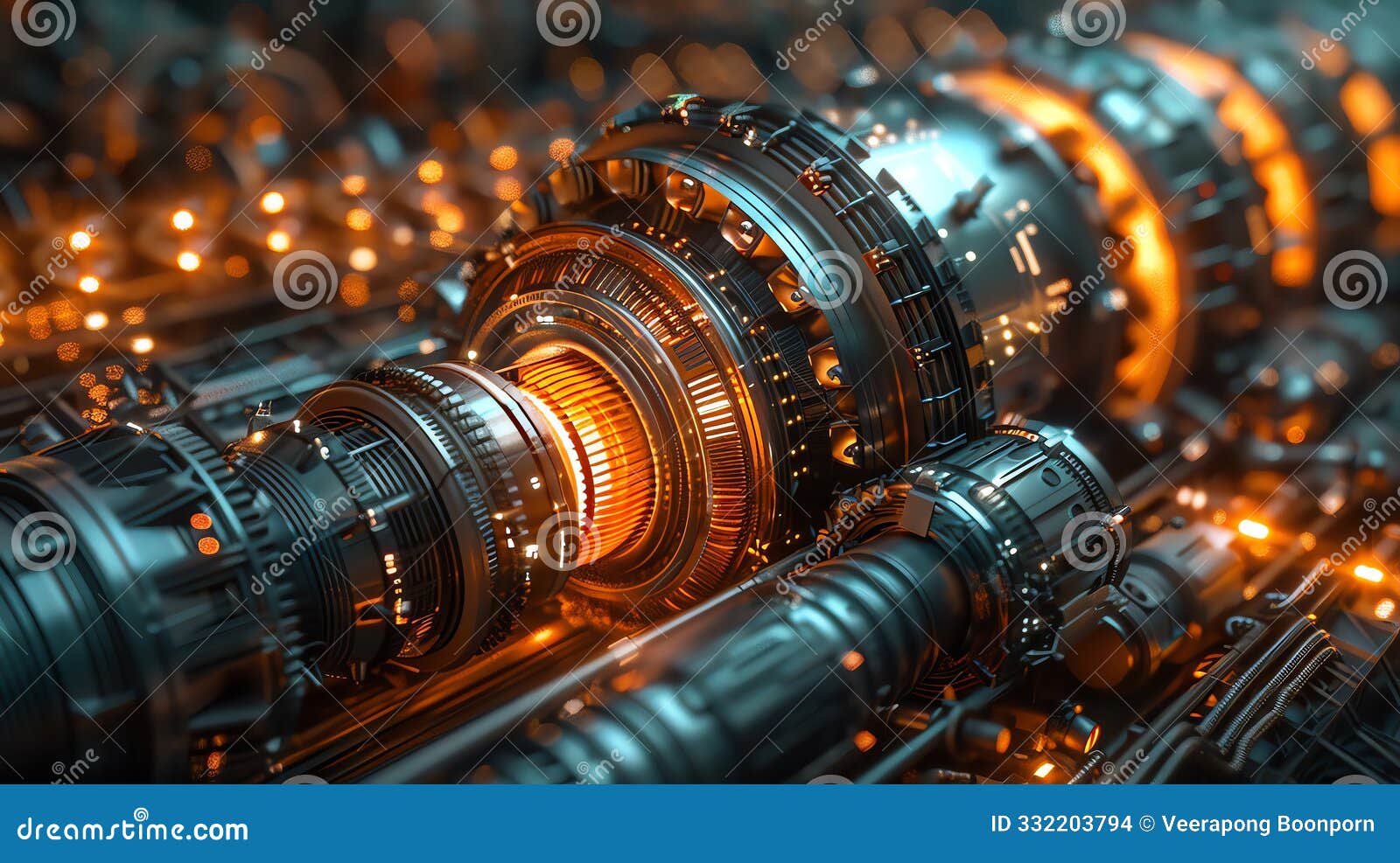 Close-up of a Complex, Glowing Mechanical System with Intricate Gears ...