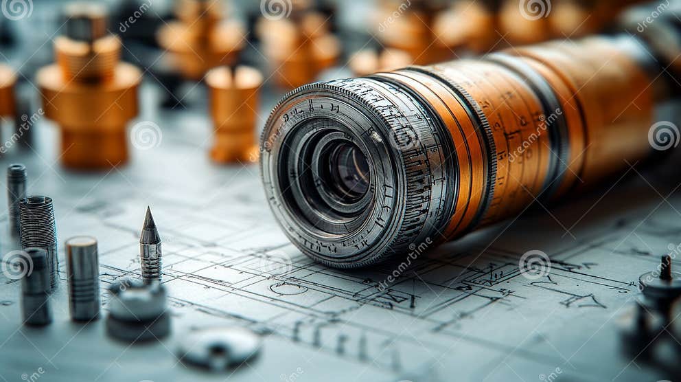Complex Lens Resting on Engineering Blueprints Stock Illustration ...