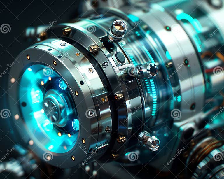 Close Up of a Complex Mechanical Equipment with Vibrant Blue Lighting ...