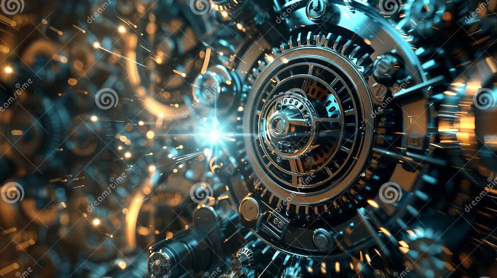 Close-up of Complex Mechanical Gears in Motion, with Dynamic Spark ...