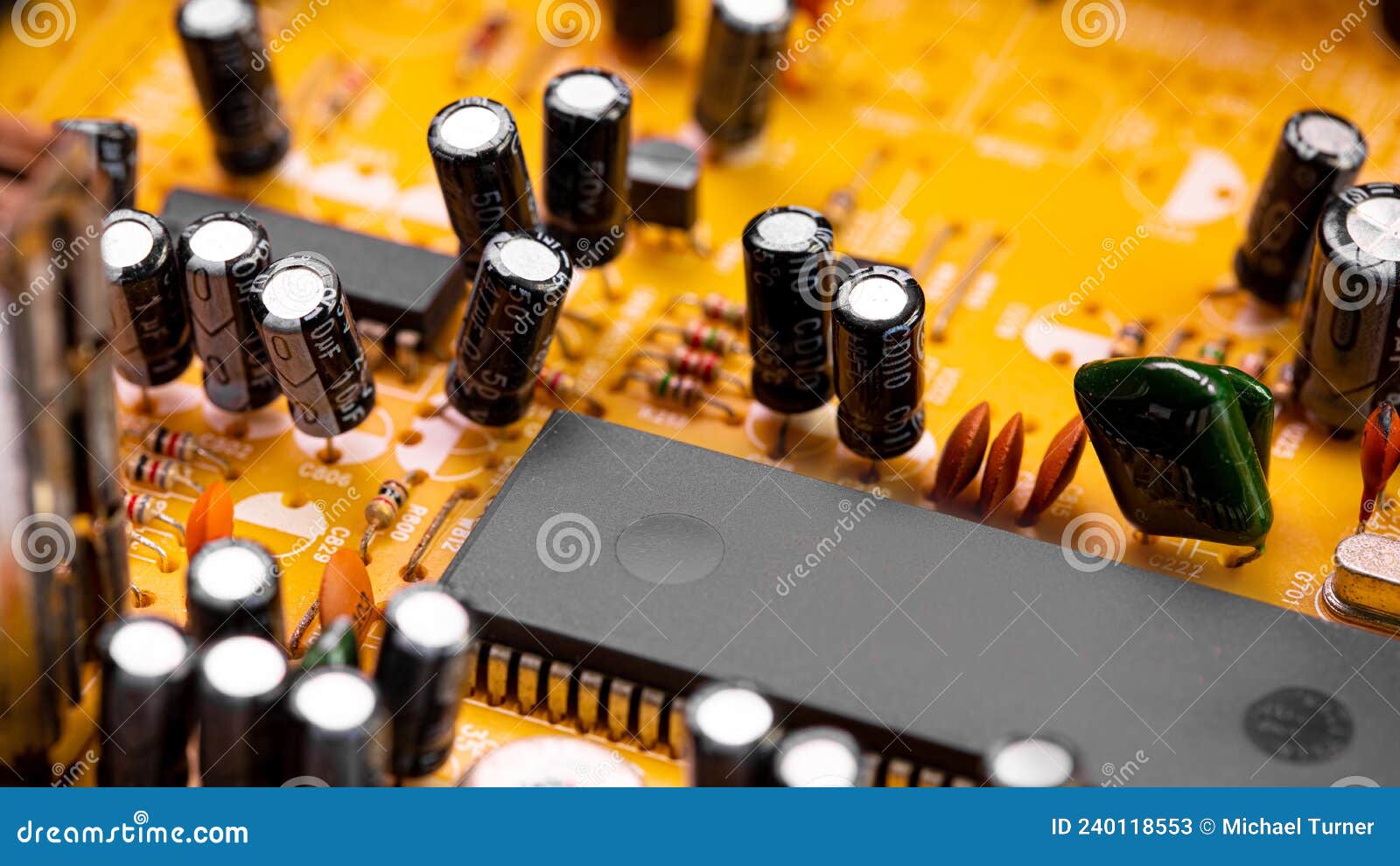 Close Up of Components and Microchips on Old PC Circuit Board Stock ...
