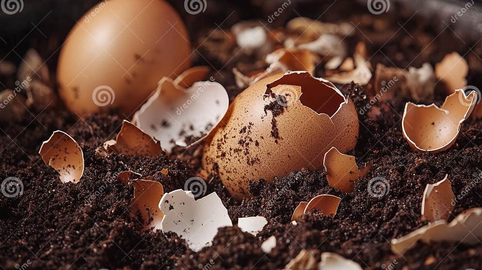 Close-Up of Compost Progress Featuring Eggshells and Soil Texture Stock ...