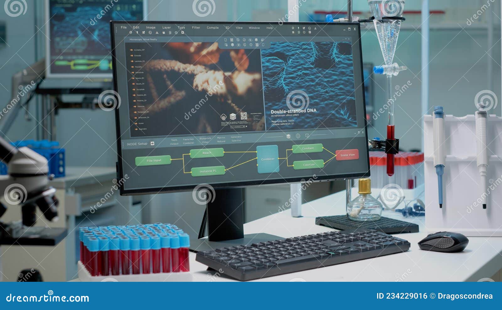 Close Up of Computer with Biotechnology Animation of Dna Stock Photo ...