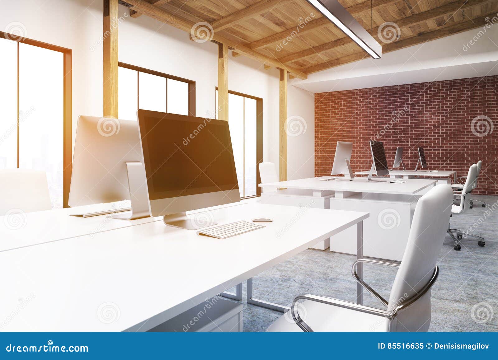Close Up of Computer in a Brick Wall Office, Toned Stock Image - Image ...