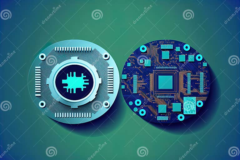 A Close Up of a Computer Chip with a Blue Background and a Green ...