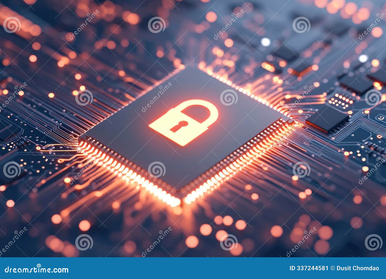 A Close Up of Computer Chip with Glowing Lock Symbol, Representing ...