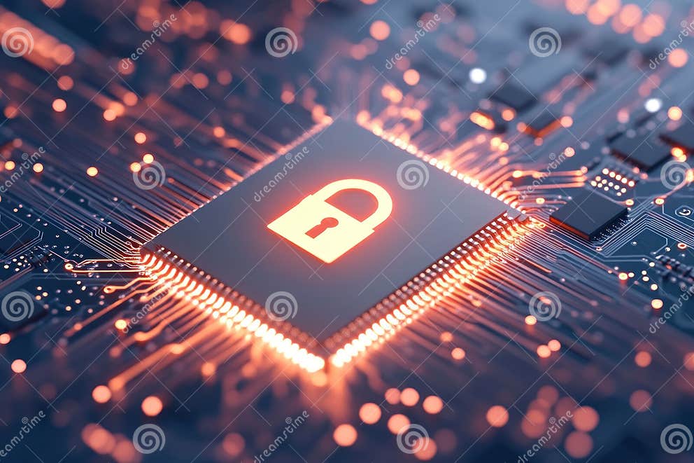A Close Up of Computer Chip with Glowing Lock Symbol, Representing ...