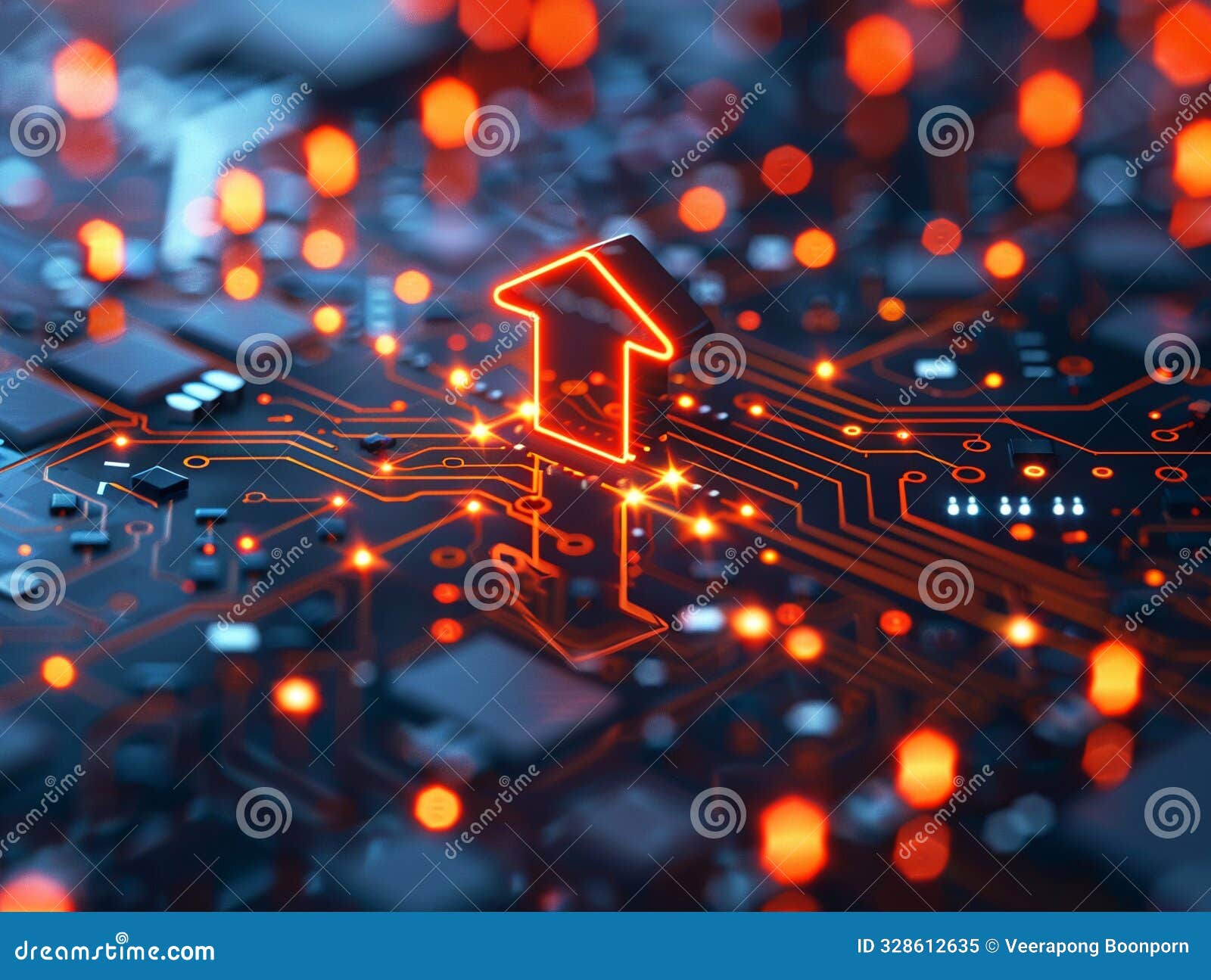 Close-up of a Computer Circuit Board with Arrows Showing Upward and ...