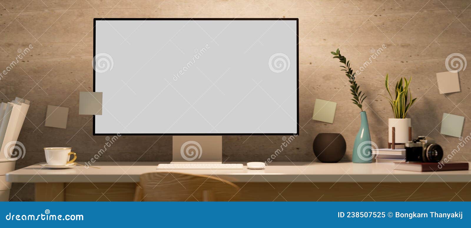 Close-up Computer Desk with Modern Pc Desktop Computer Blank Screen ...