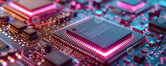 Close-up of a Computer Microchip on a Circuit Board with Glowing Pink ...