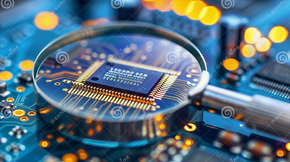 Close Up of Computer Microchips Under Magnifying Glass with Room for ...