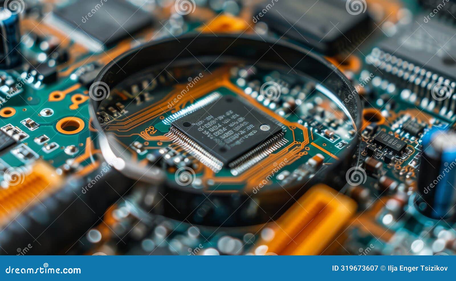 Close Up Of Computer Microchips Under Magnifying Glass With Space For ...