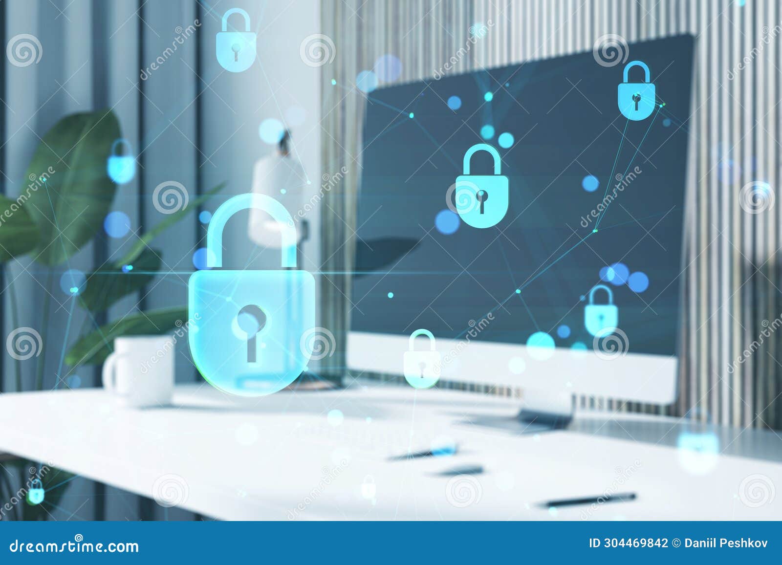 Close Up of Computer Monitor on Desk with Creative Low Poly Plexus ...