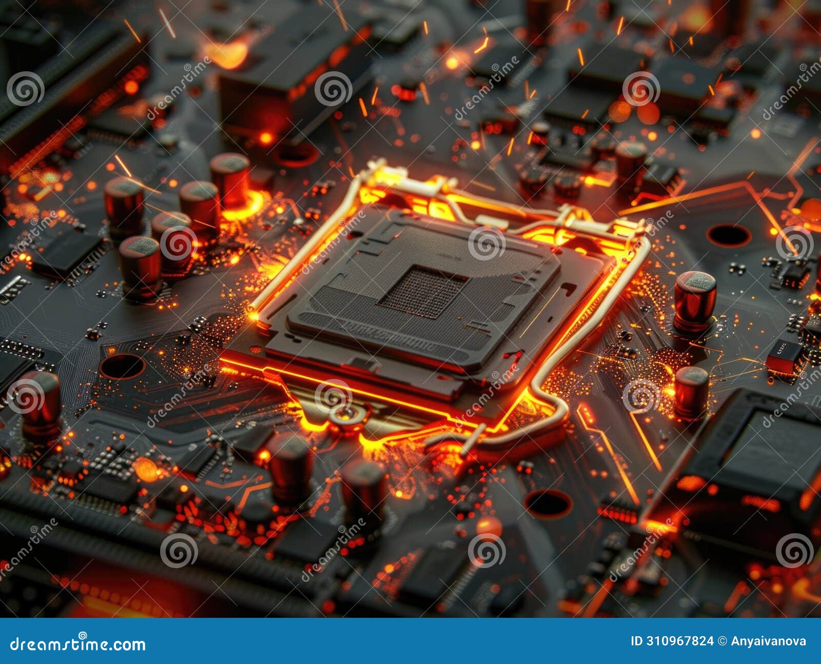A Close Up of a Computer Mother Board, Chip on Fire with Energy and ...
