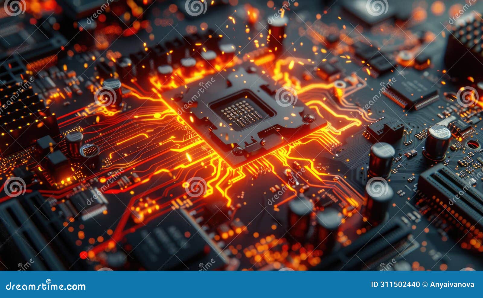 A Close Up of a Computer Mother Board, Chip on Fire with Energy and ...