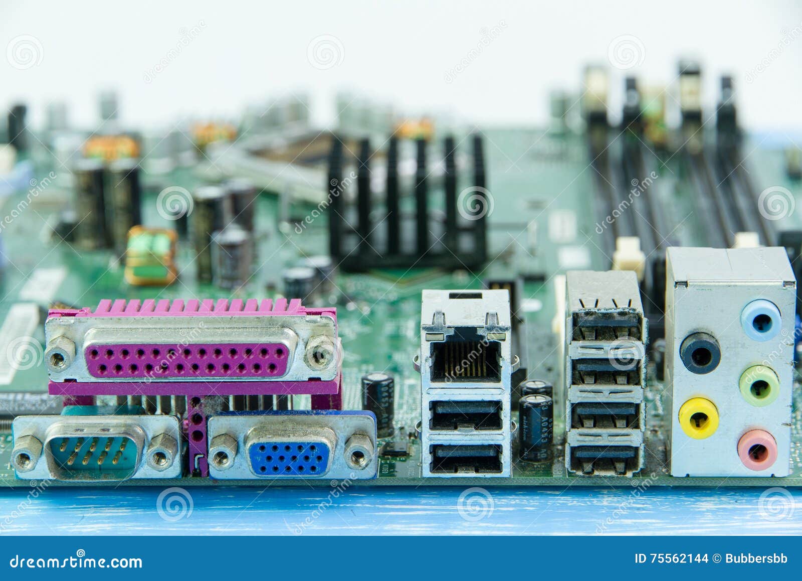 Close Up of Computer Motherboard, Back View of Connectors Stock Photo ...