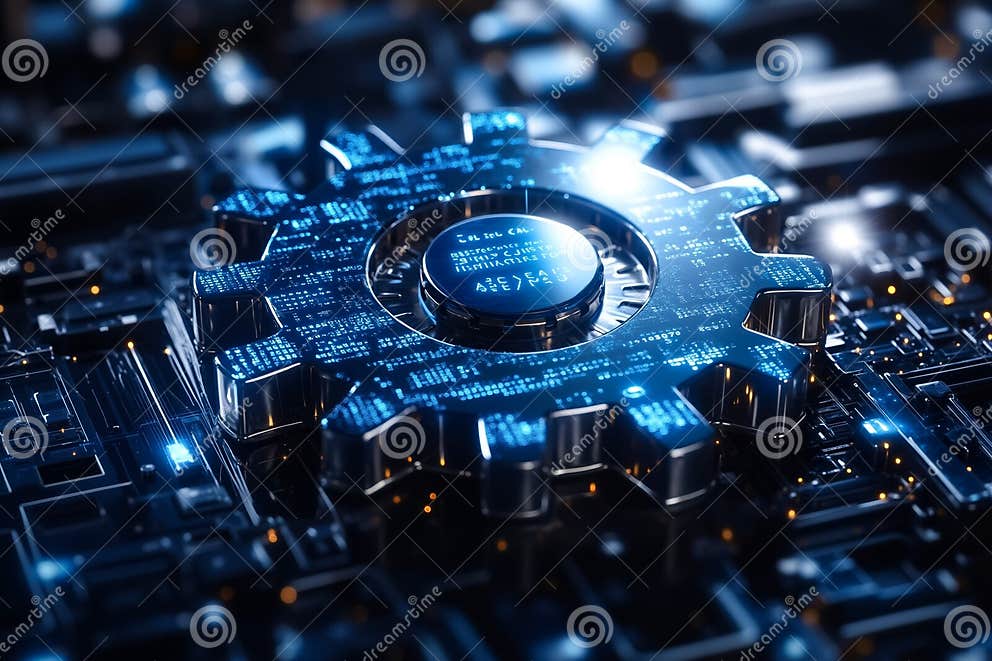 A Close Up of a Computer Motherboard with a Blue Gear on it Stock ...