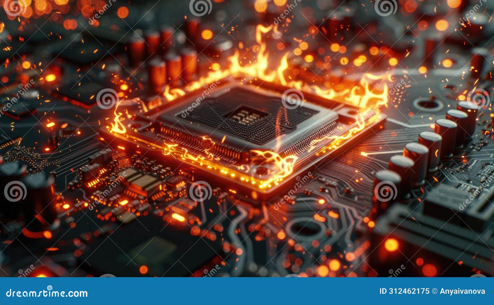 A Close Up of a Computer Motherboard on Fire, Chip on Fire with Energy ...