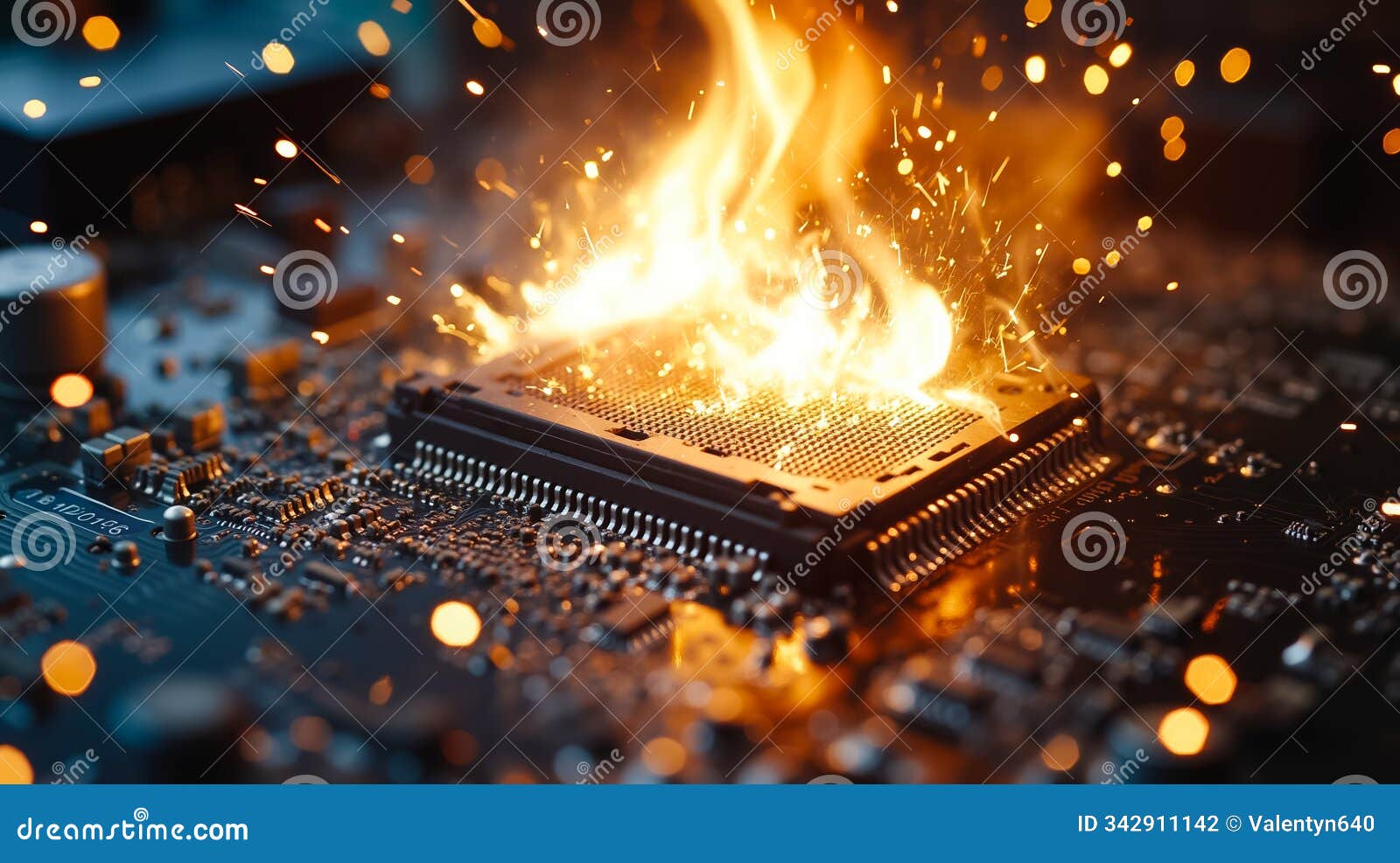 A Close Up of a Computer Motherboard with a Fire Coming Out of it Stock ...