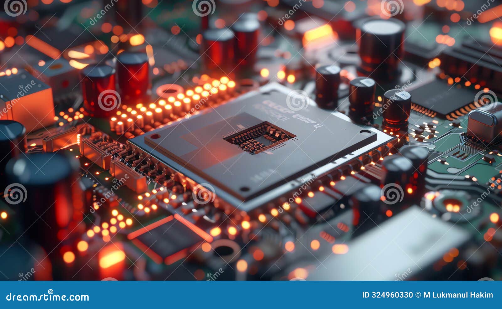 Close-up of a Computer Motherboard with Glowing CPU, Highlighting the ...