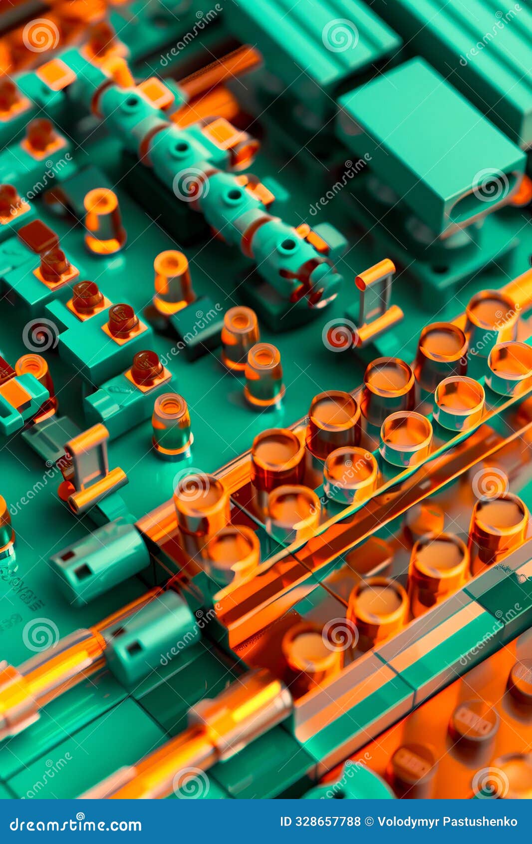 A Close Up of a Computer Motherboard with Orange and Green Components ...