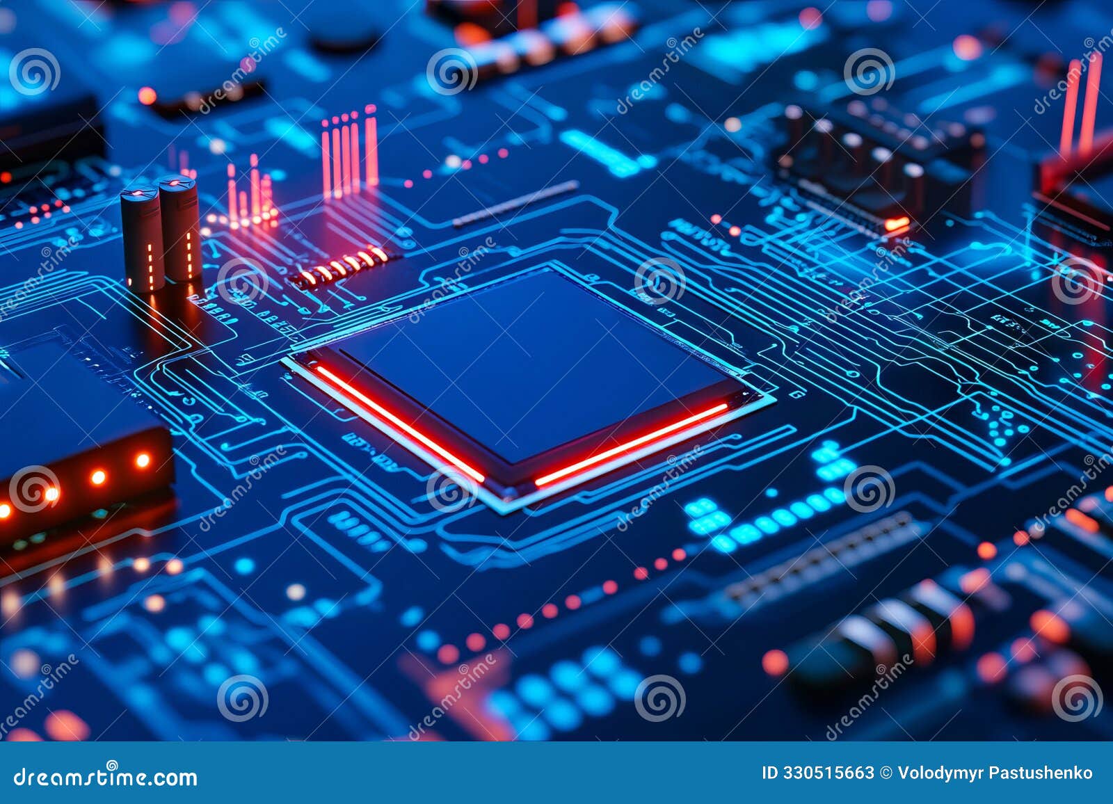 A Close Up of a Computer Motherboard with a Red and Blue Circuit Board ...