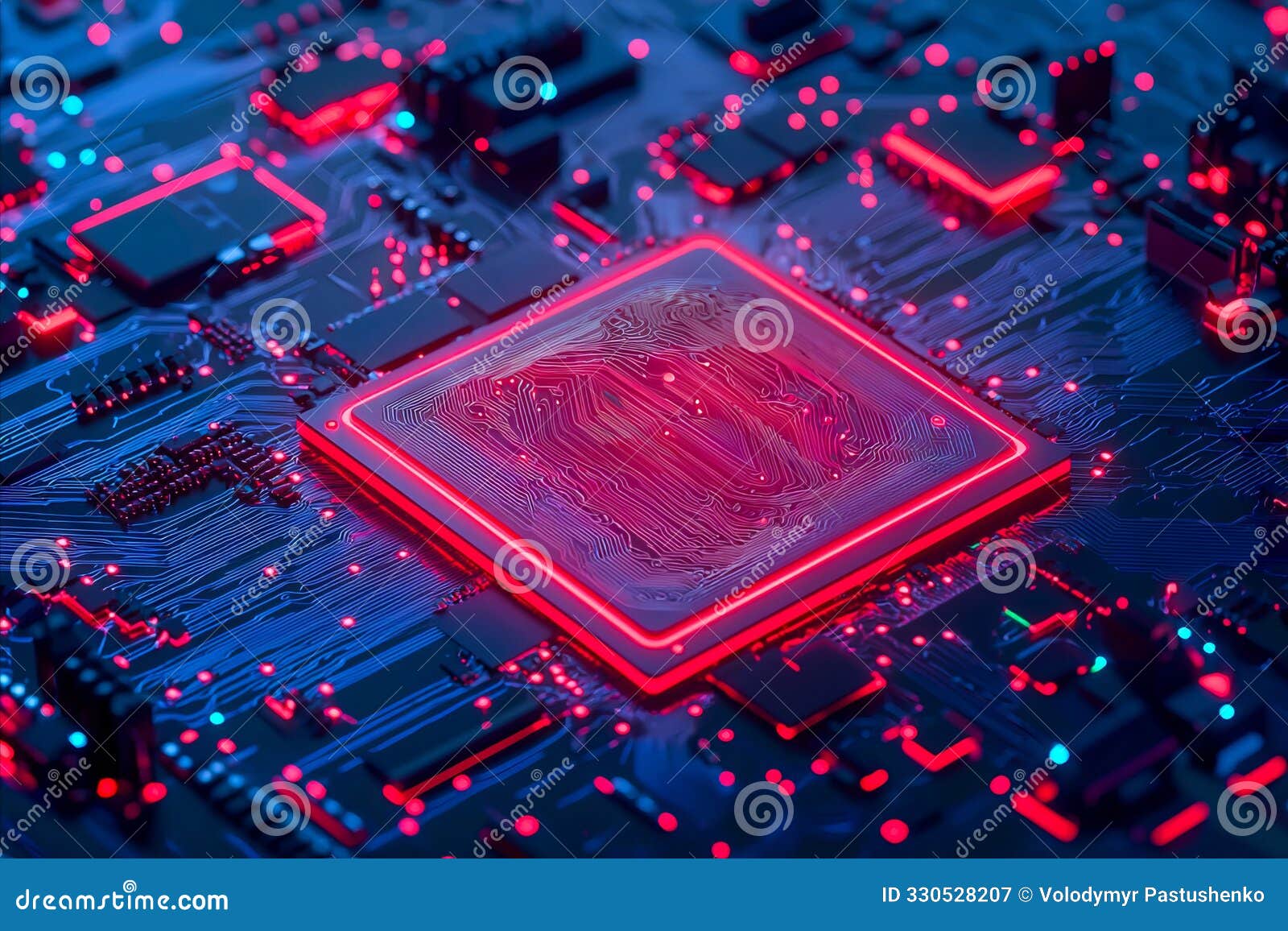 A Close Up of a Computer Motherboard with a Red and Blue Circuit Board ...