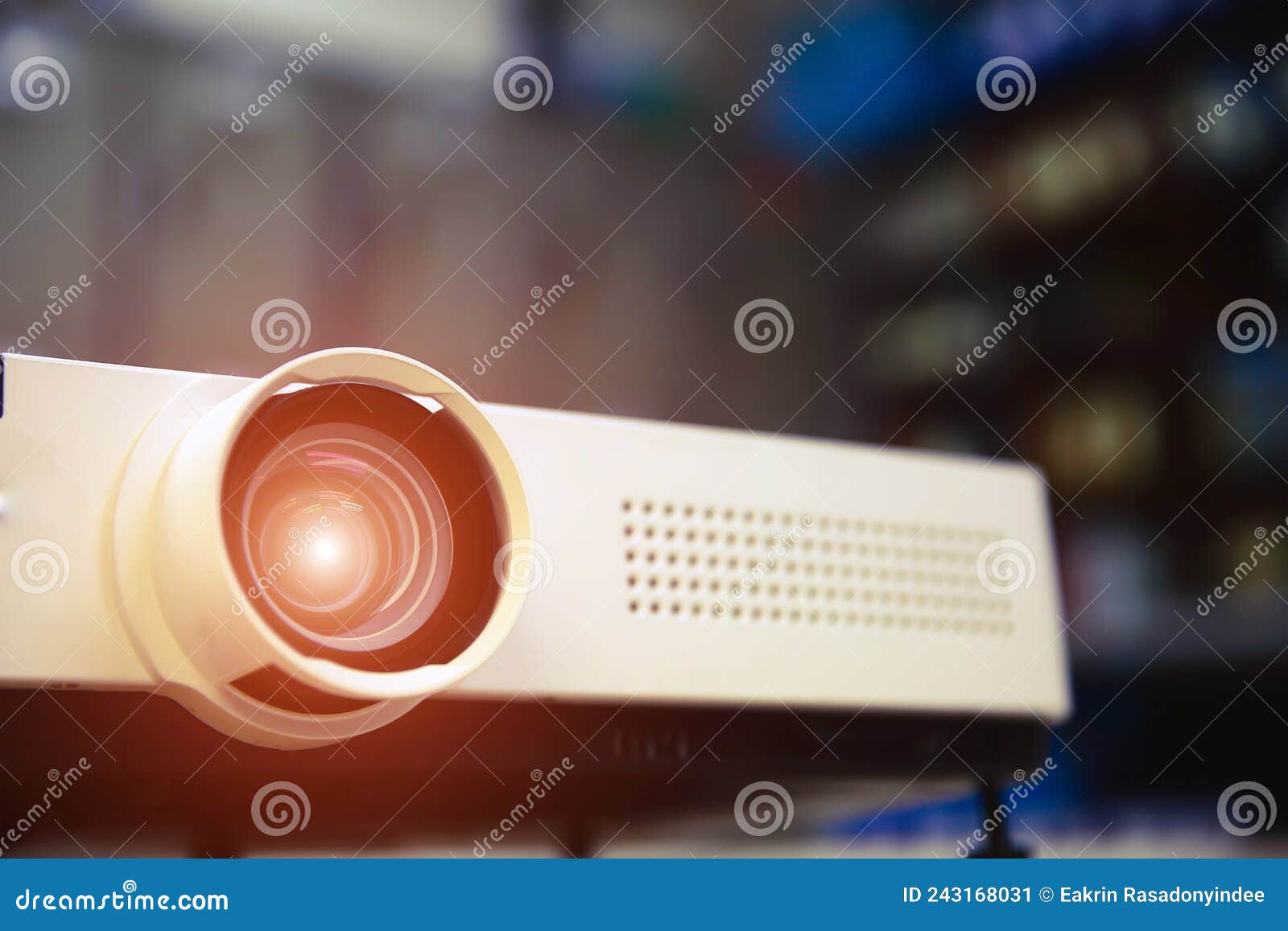 Computer Projector Wih Blue Light Flare Anging In Conference Hall ...