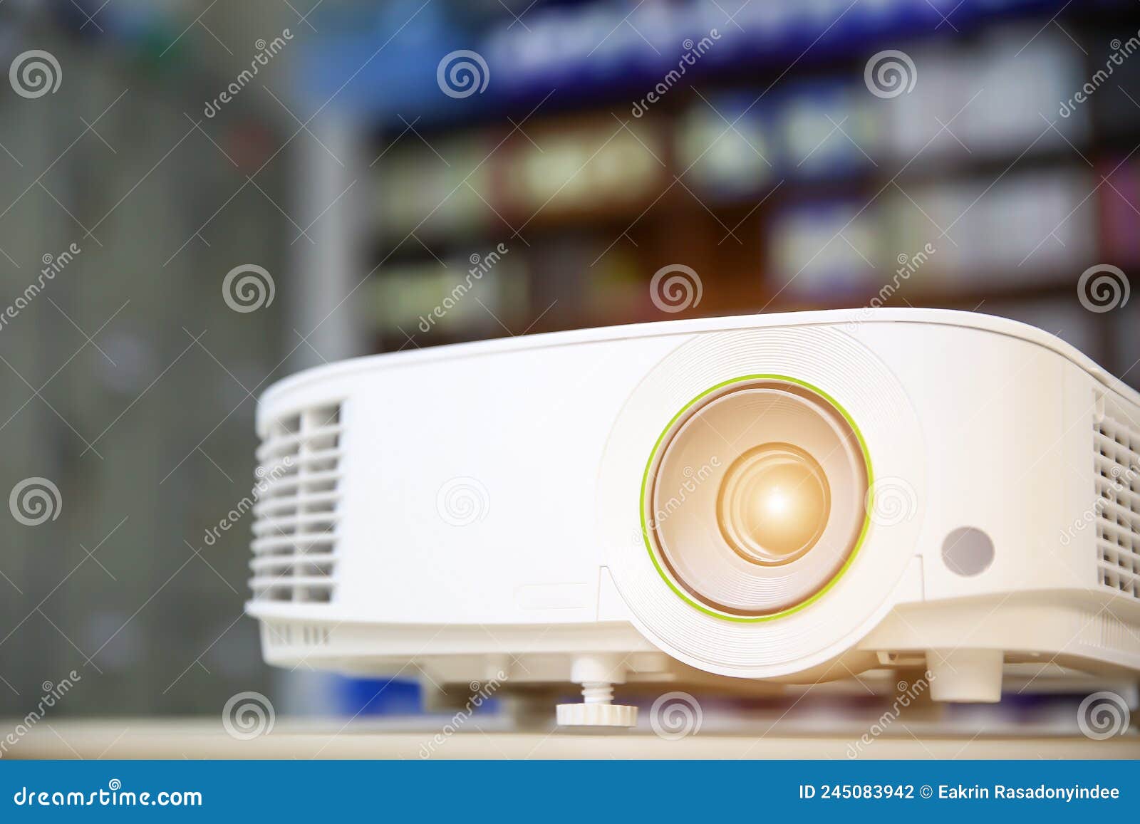 Computer Projector Wih Blue Light Flare Anging In Conference Hall ...