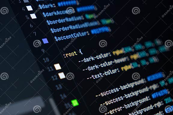 Close-up of Computer Screen with Colorful Css Code, Focus on Root ...