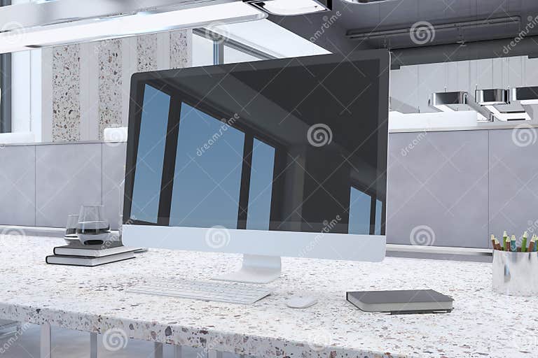 Close Up of Computer Screen with Reflections on Office Desktop with ...