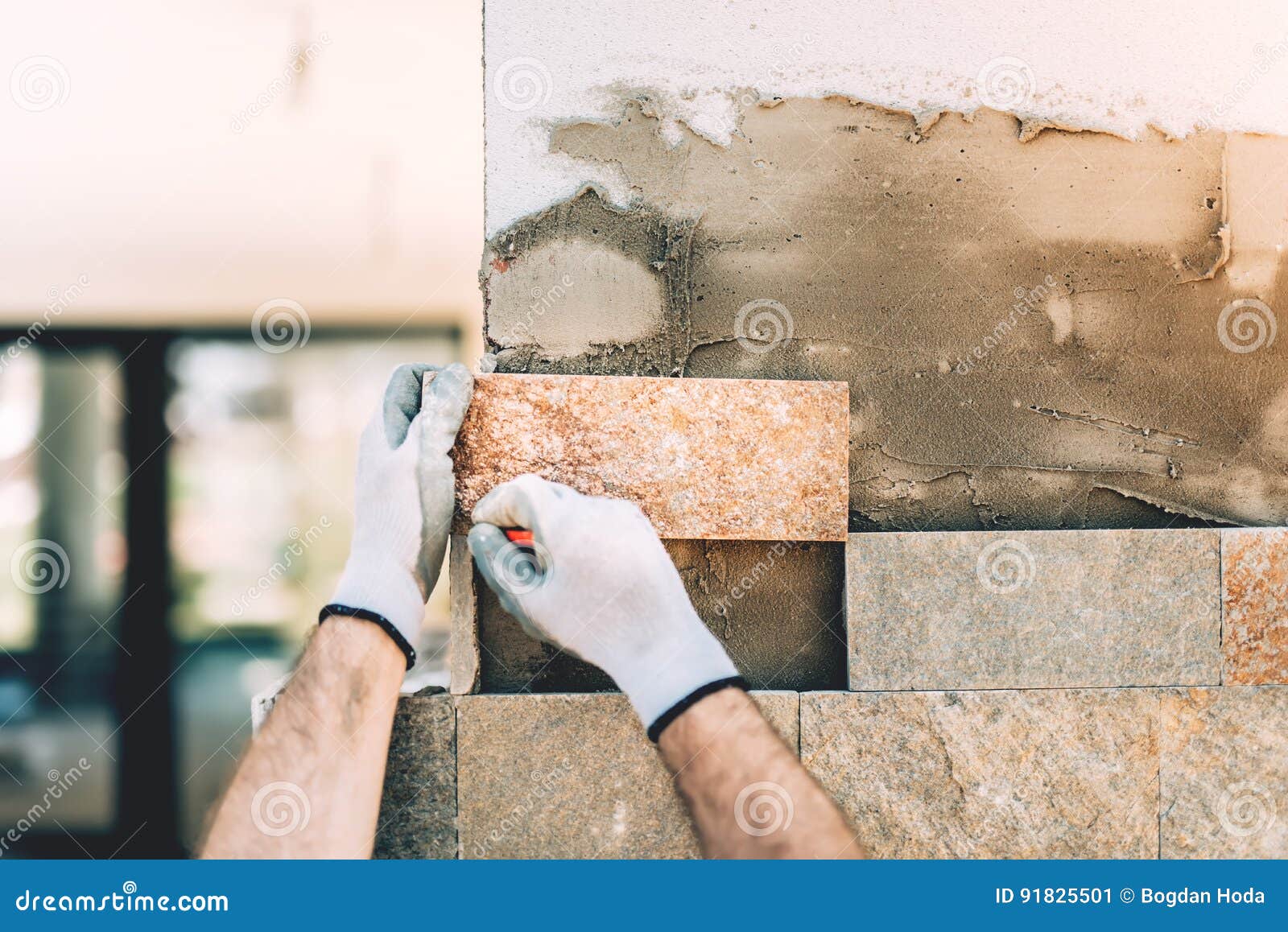 Close Up of Construction Builder Working with Stone and Paving Stock ...
