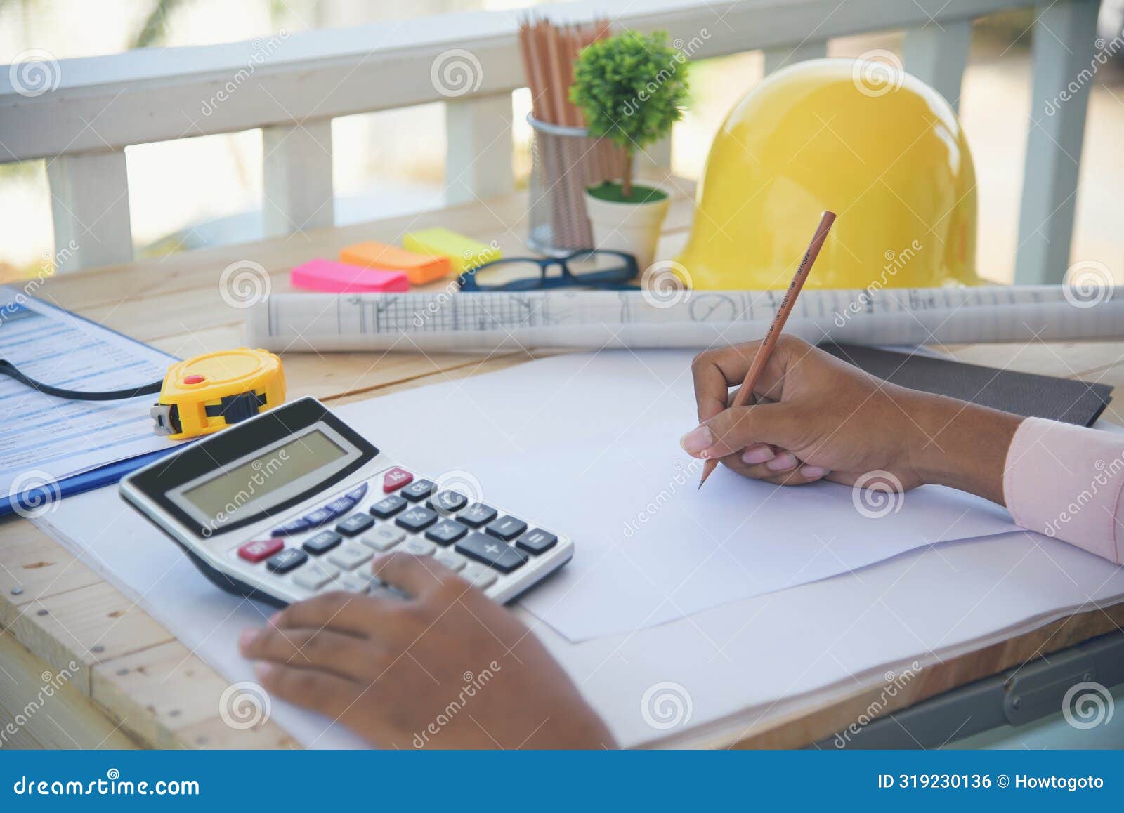Close Up Construction Engineer Man Hands Working at Office Desk ...