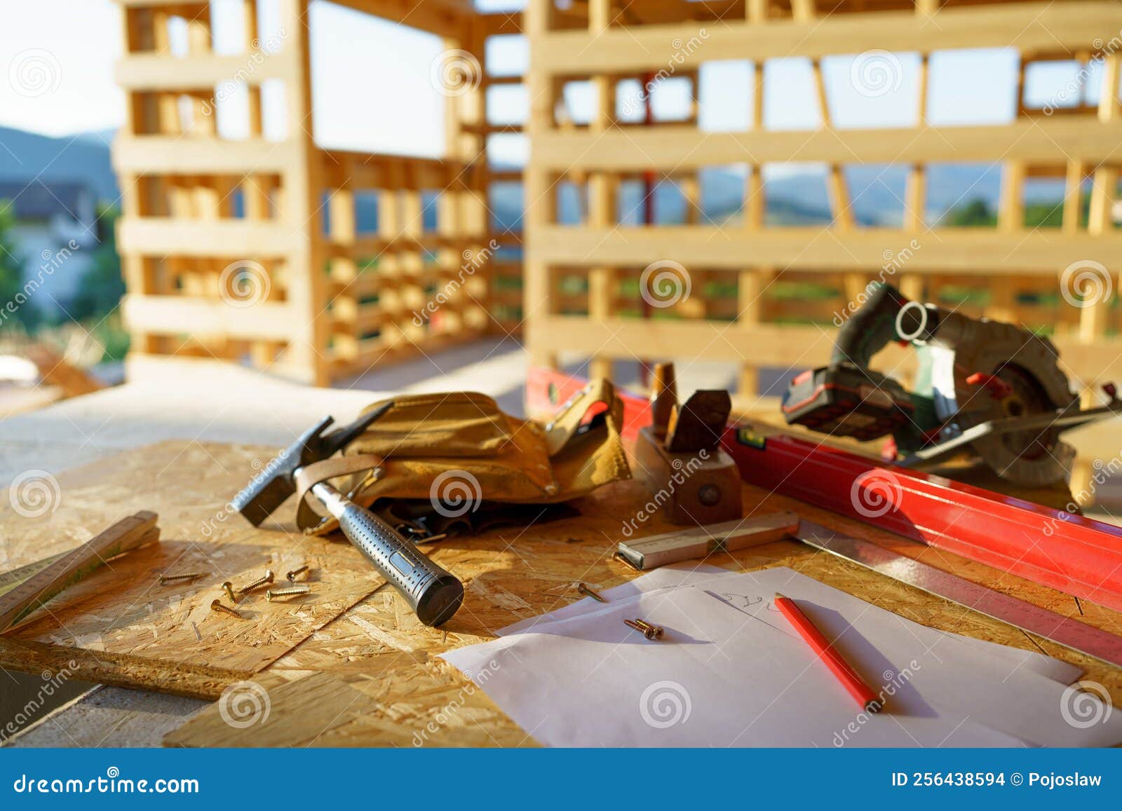 Close Up of Construction Tools Inside of Unfinished Wooden House. Stock ...