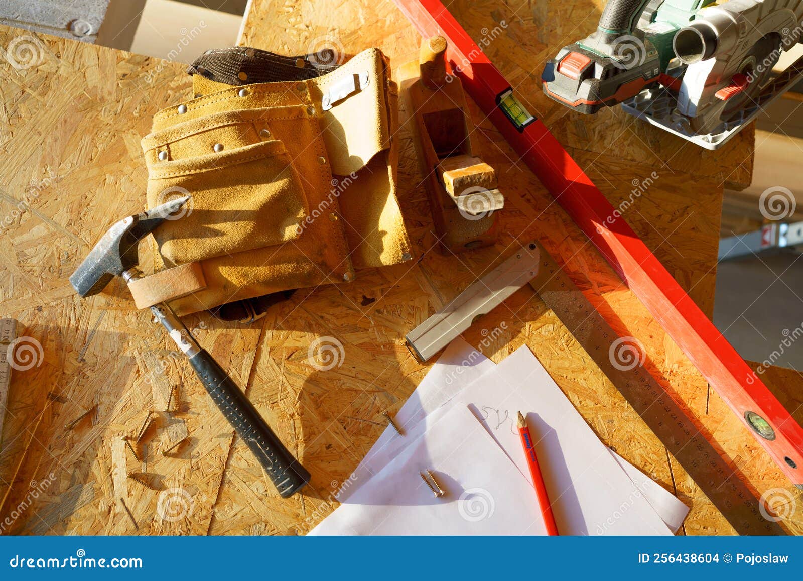 Close Up of Construction Tools Inside of Unfinished Wooden House. Stock ...