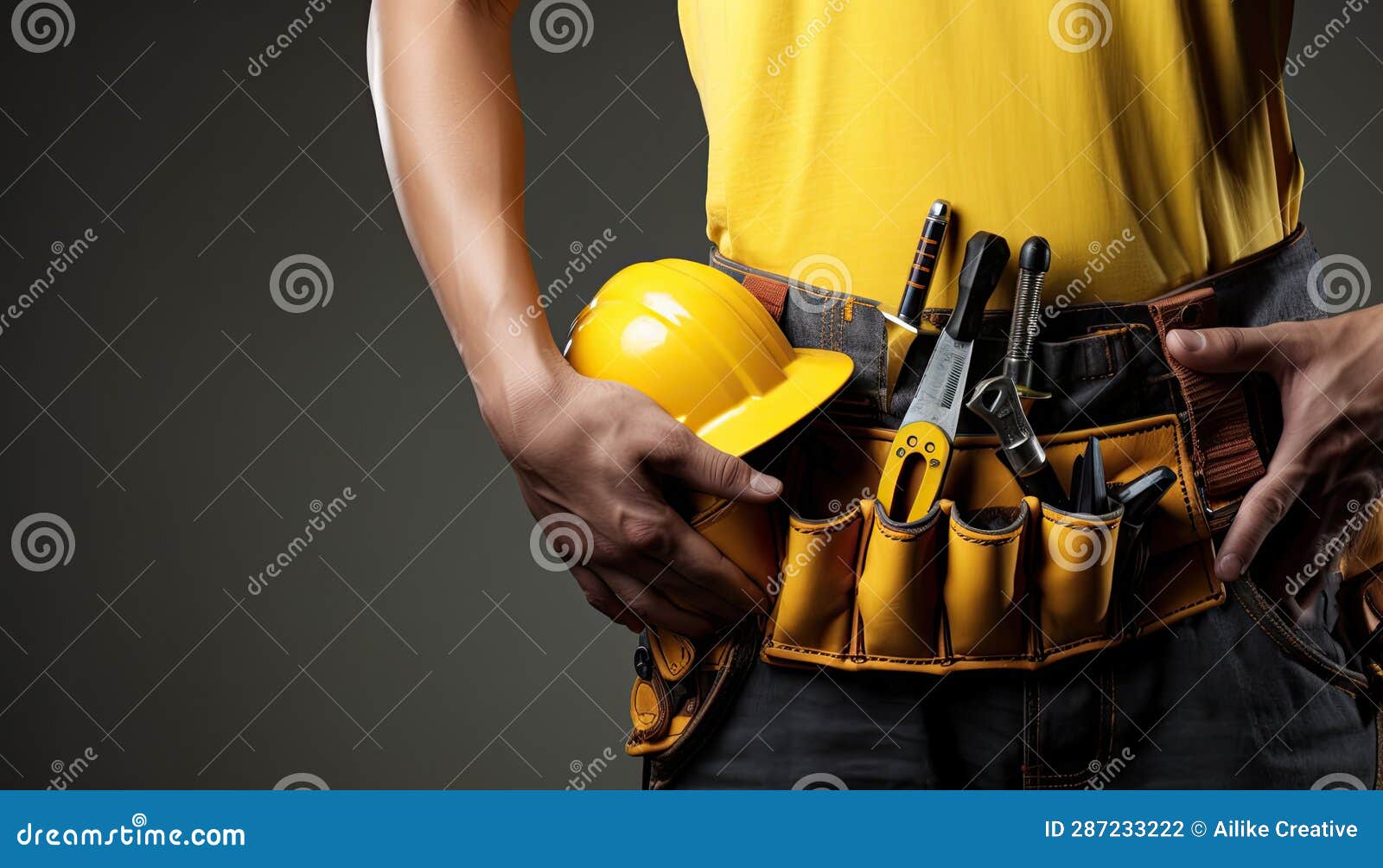 Close-up of Construction Worker with Helmet and Tool Belt on Dark ...